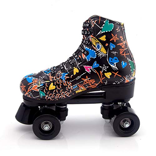 DUBUK Roller Skates Light Up Wheels, Graffiti High-Top Leather Adjustable Hardwearing Double Row Roller Skates with Illuminated Wheels for Boys and Girls (Black b,41)