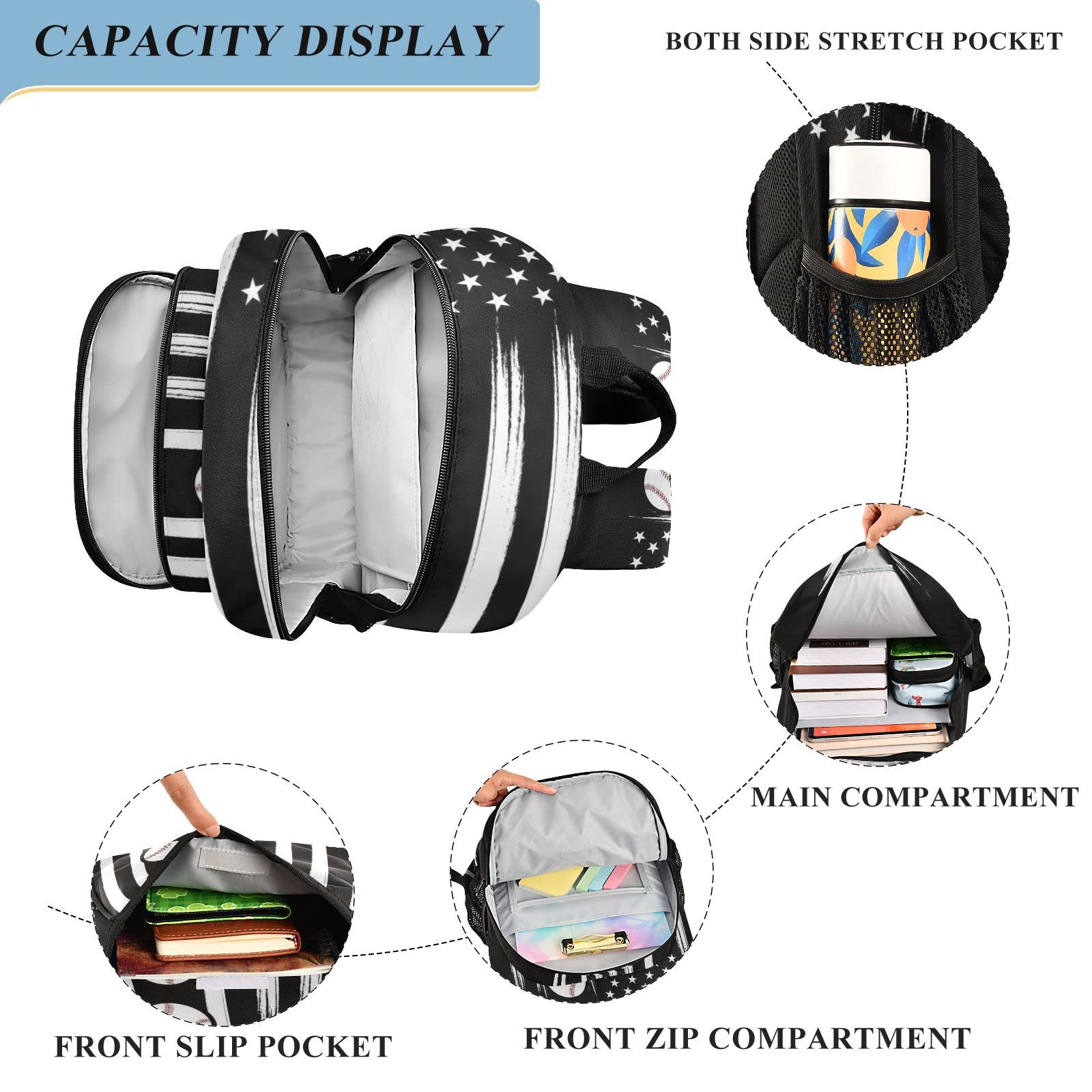 Glaphy American Flag Baseball Backpack School Bag Lightweight Laptop Backpack Students Travel Daypack with Reflective Stripes
