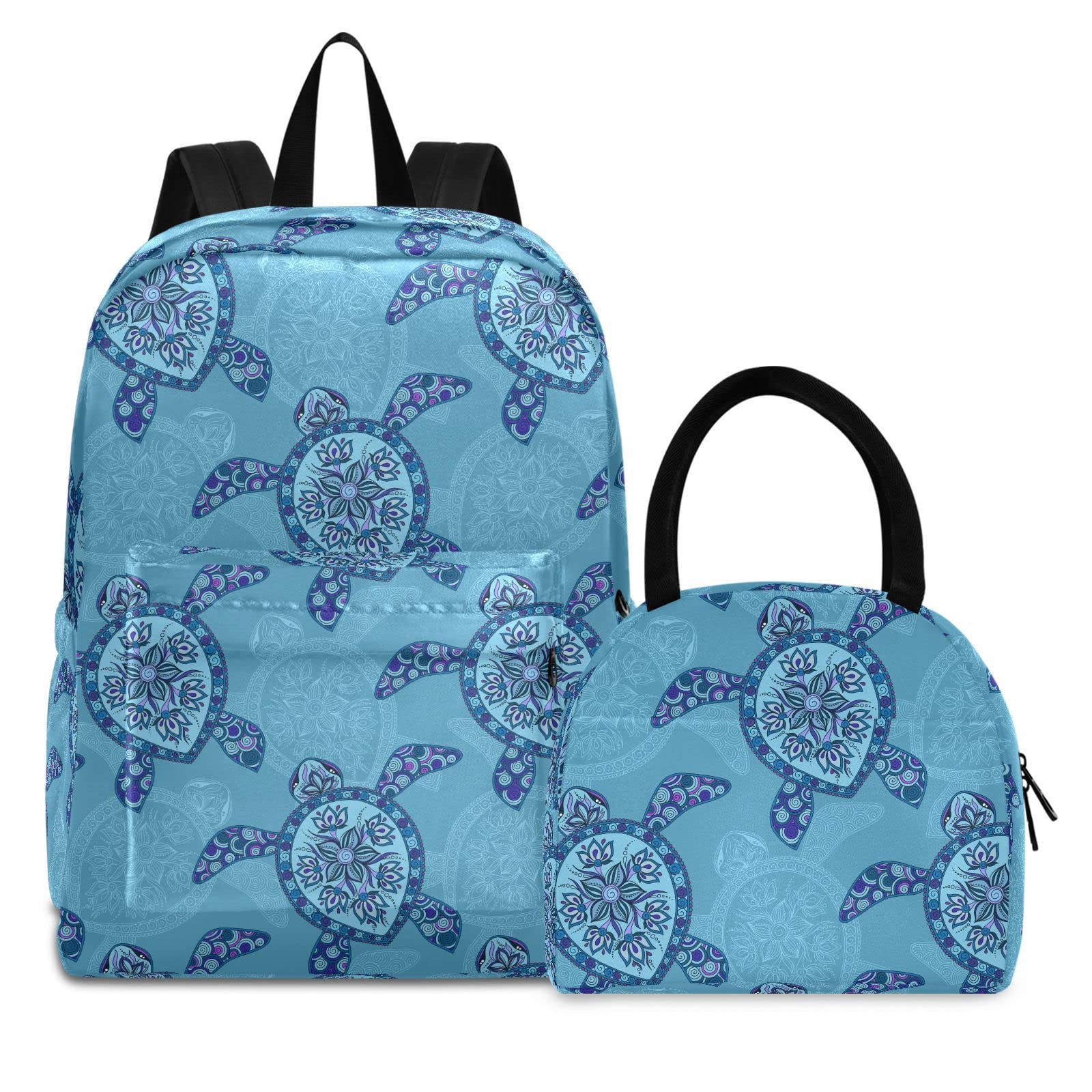 FOLIOSA Kid's Backpack Lunch Bag Set Art Teal Sea Turtle Print, Large Capacity Insulated Scratch-Resistant Backpack with Lunch Kit for School Work Suits for 6+ Years Teenager Boys Girls