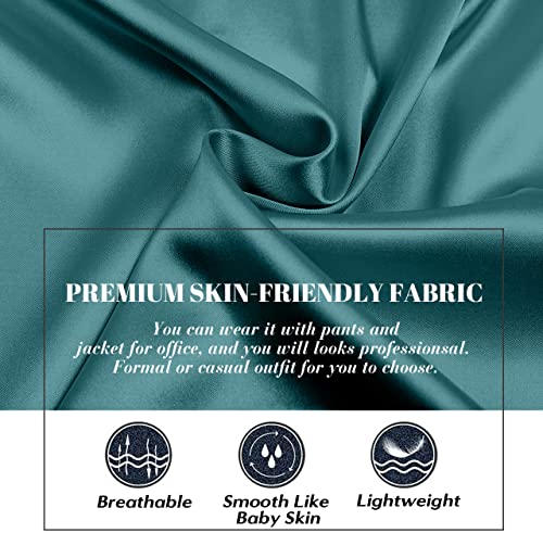 Pausus Collared Satin Shirt Womens Casual Long Sleeve Button-Up Collared Silk Blouse with Pocket(Peacock Blue,S)