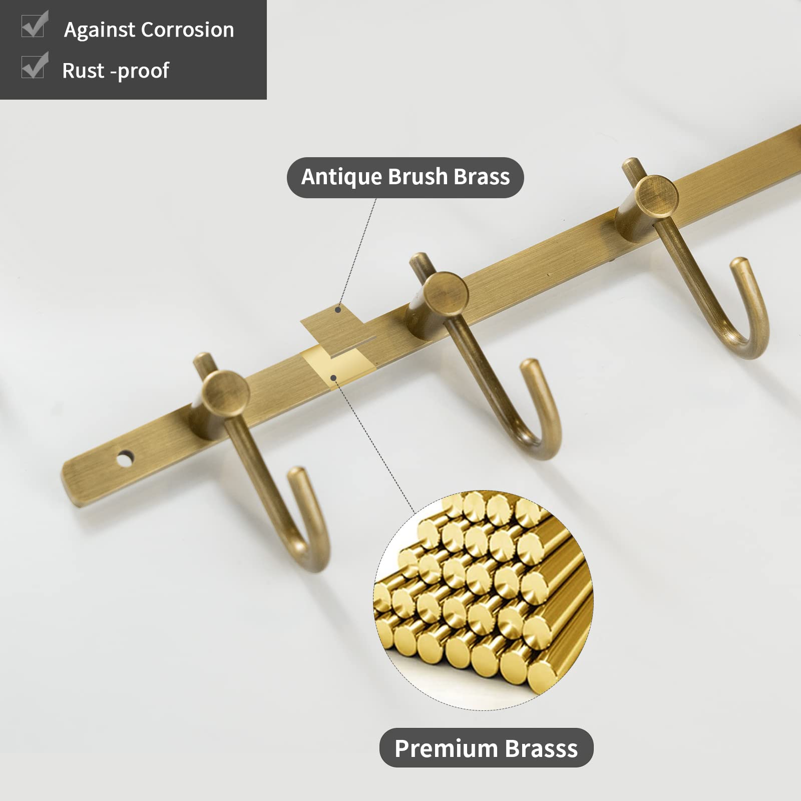 WINCASE Brass Towel Hook Rack, Brushed Brass Wall Hook Rail, Antique Coat Hook Rail Hanger 5 Hooks Bathroom Robe Hooks Wall Mounted