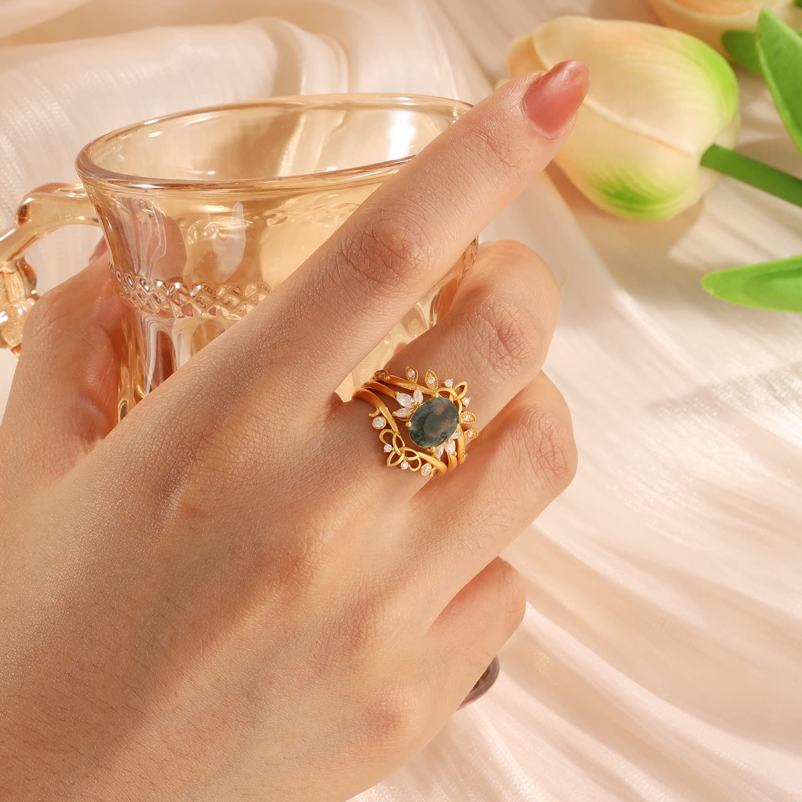 GEME Oval Moss Agate Women's Engagement Ring, 925 Silver Black Rutilated Quartz Promise Rings 18K Plated Jewelry with moissanite for Her Lady Women