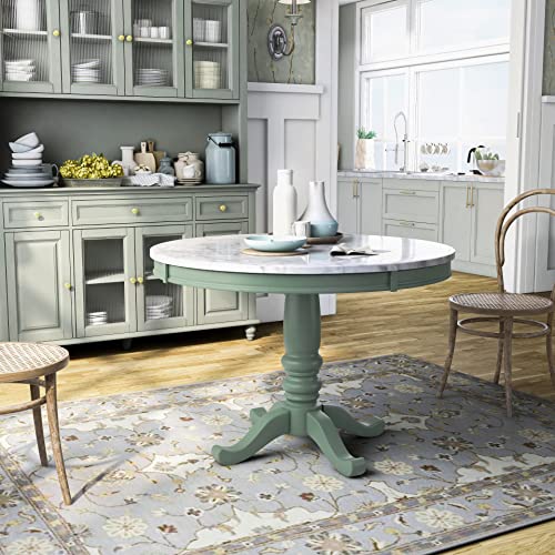PayLessHere Dining Room Table with Elegant Turned Pedestal Base and Faux Marble Table Top, 42 Inch Round,White and Green
