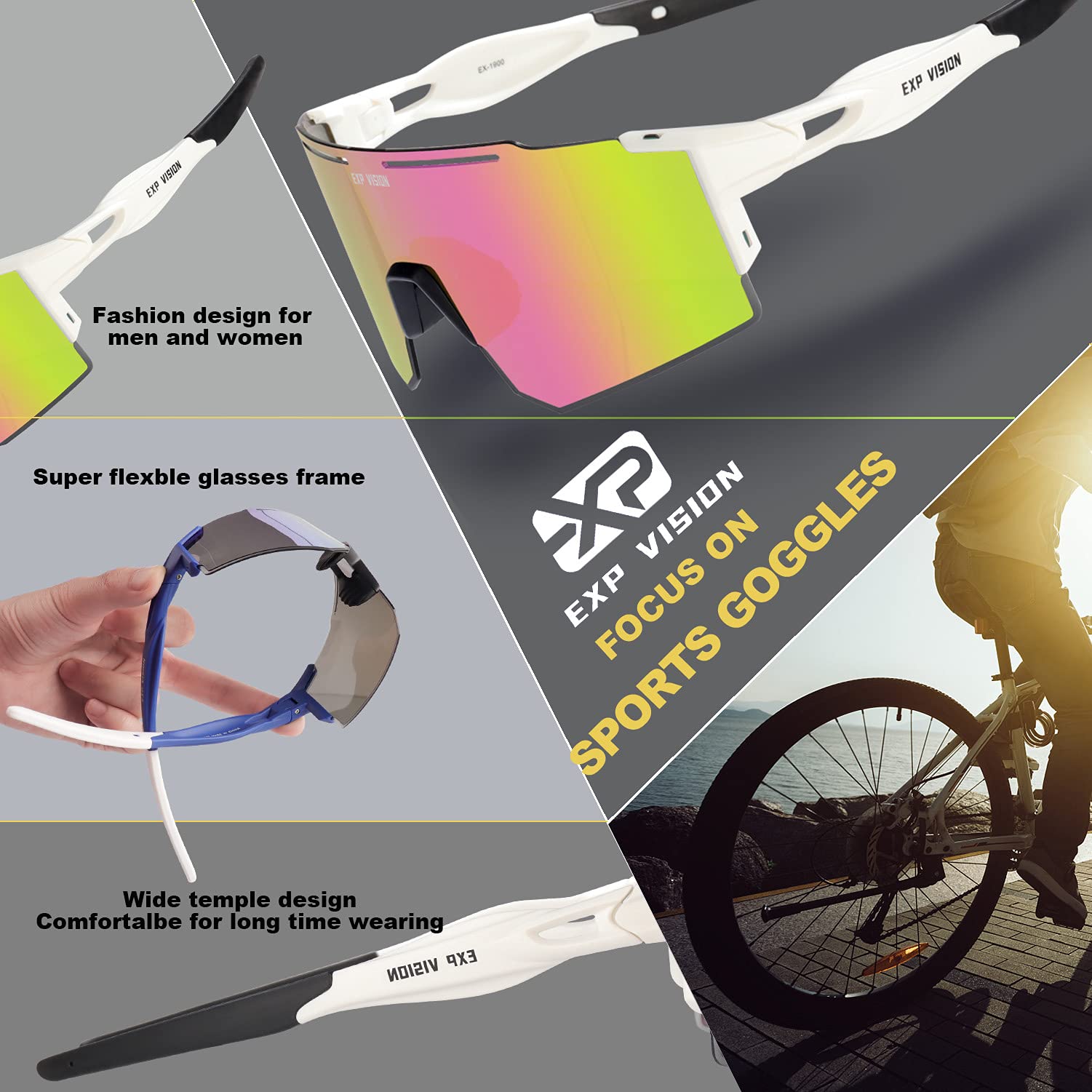 EXP VISION Polarized Cycling Glasses, UV 400 Sports Sunglasses Biking Goggles Running Hiking Golf Fishing Driving (Pink)