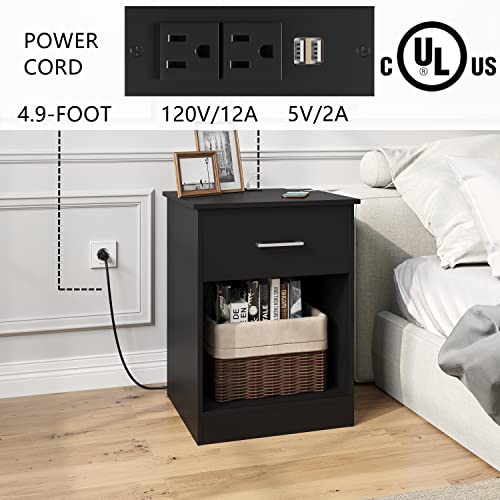 Reettic Set of 2 Nightstand with Charging Station and USB Ports & Power Outlets, Wooden End Table with Drawer and Opening Shelf, Side Table for Bedroom, Black RCTG101BE02
