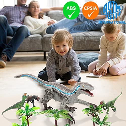 GAROERFA Remote Control Dinosaur Toys for Kids Boys 3 4 5 6 7,RC Walking Velociraptor,3D Eyes & Roaring Sounds, All in One:1 Big and 3 Small Dinosaurs