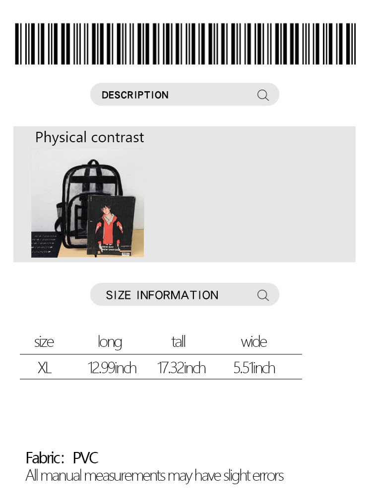 Fei Fan PVC fashion transparent backpack, heavy duty transparent backpack XL, men, women, daily life, work, travel. (Black)