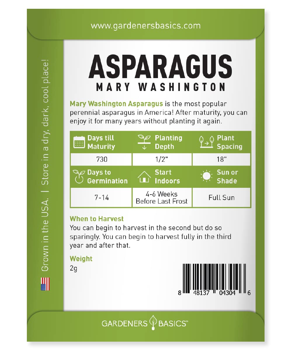 Gardeners Basics, Asparagus Seeds for Planting - Mary Washington Non-GMO Perennial Vegetable Variety- 2 Grams Seeds Great for Spring and Early Summer Gardens