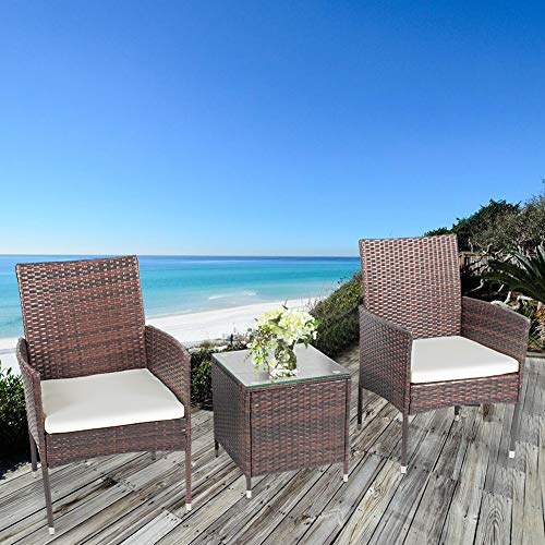 Recaceik, 2 upholstered top Dining (Brown) Patio, 3 Piece Set Outdoor Space-Saving Rattan Glass Tables and Chairs