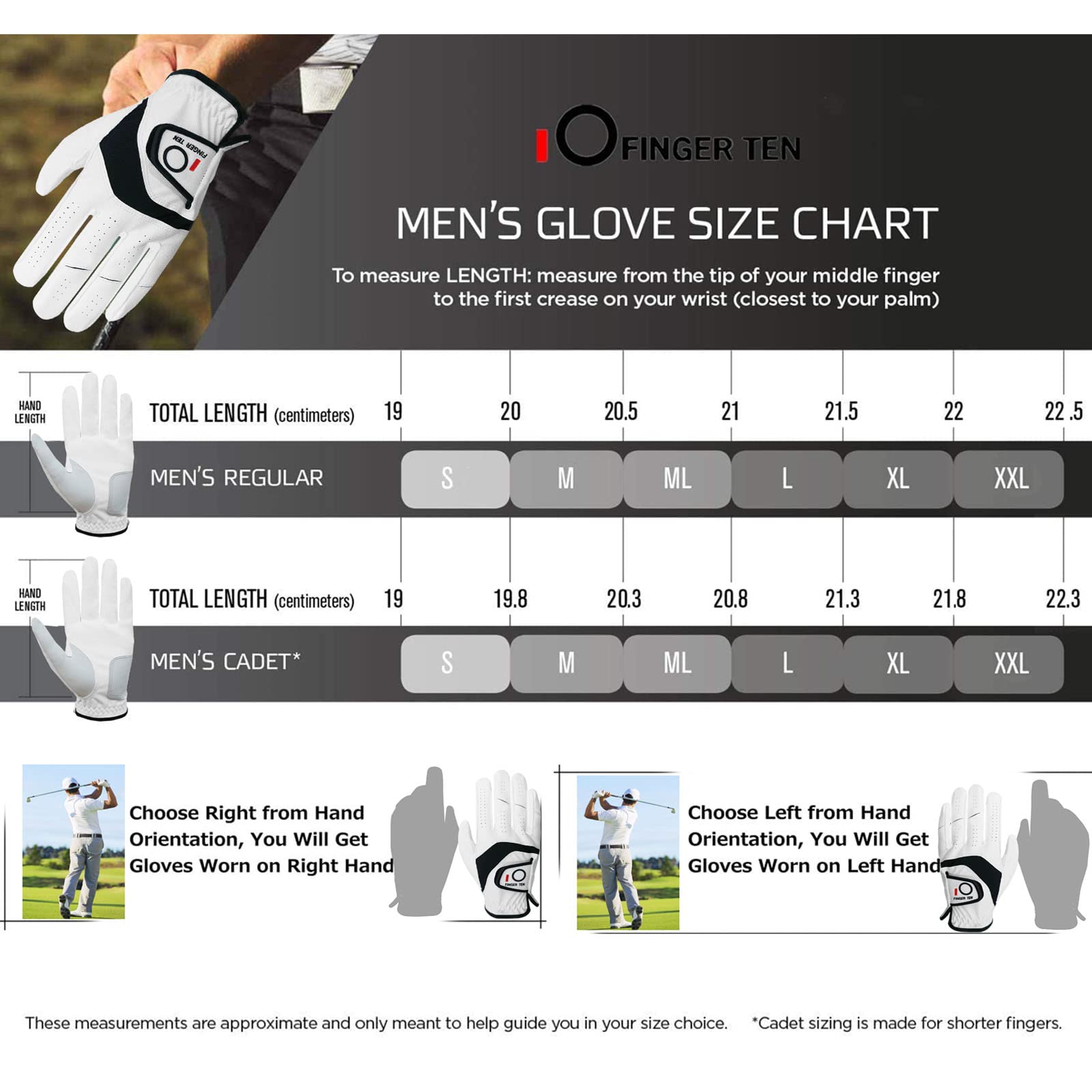 FINGER TEN Golf Gloves Men Left Hand Right with Ball Marker Pack, Mens Leather Golf Glove All Weather Grip, Fit Size Small Medium ML Large XL (White(Men Gloves), Medium(Worn On Left Hand))