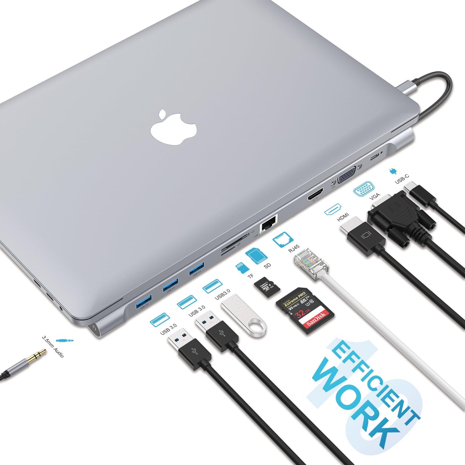 USB C Docking Station for Laptop, USB C Hub 10 in 1 USB C Adapter Docking Station with 4K HDMI & VGA, 3 x USB 3.0, Gigabit Ethernet RJ45 LAN, USB C PD, SD/TF Card Reader, 3.5 mm Audio/Mic