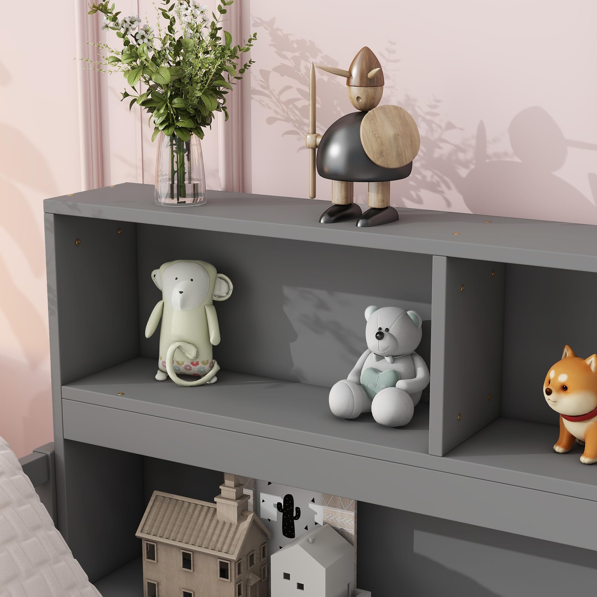 Harper & Bright Designs Full Size Floor Bed with Bedside Bookcase, Shelves, Guardrails, Wood Montessori Bed with Storage, Grey