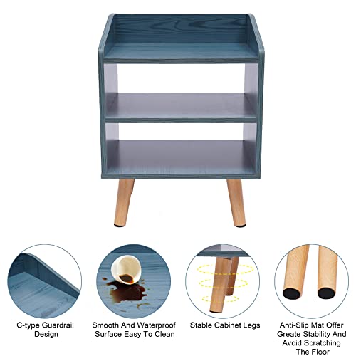 Small Bedroom Nightstand/Minimalist End Table/Side Table/Little Table - with 2 Open Storage Cabinets/Solid Wood Legs,Modern Bedside Night Stand for Bedroom, Living Room(Blue )- Easy Assembly
