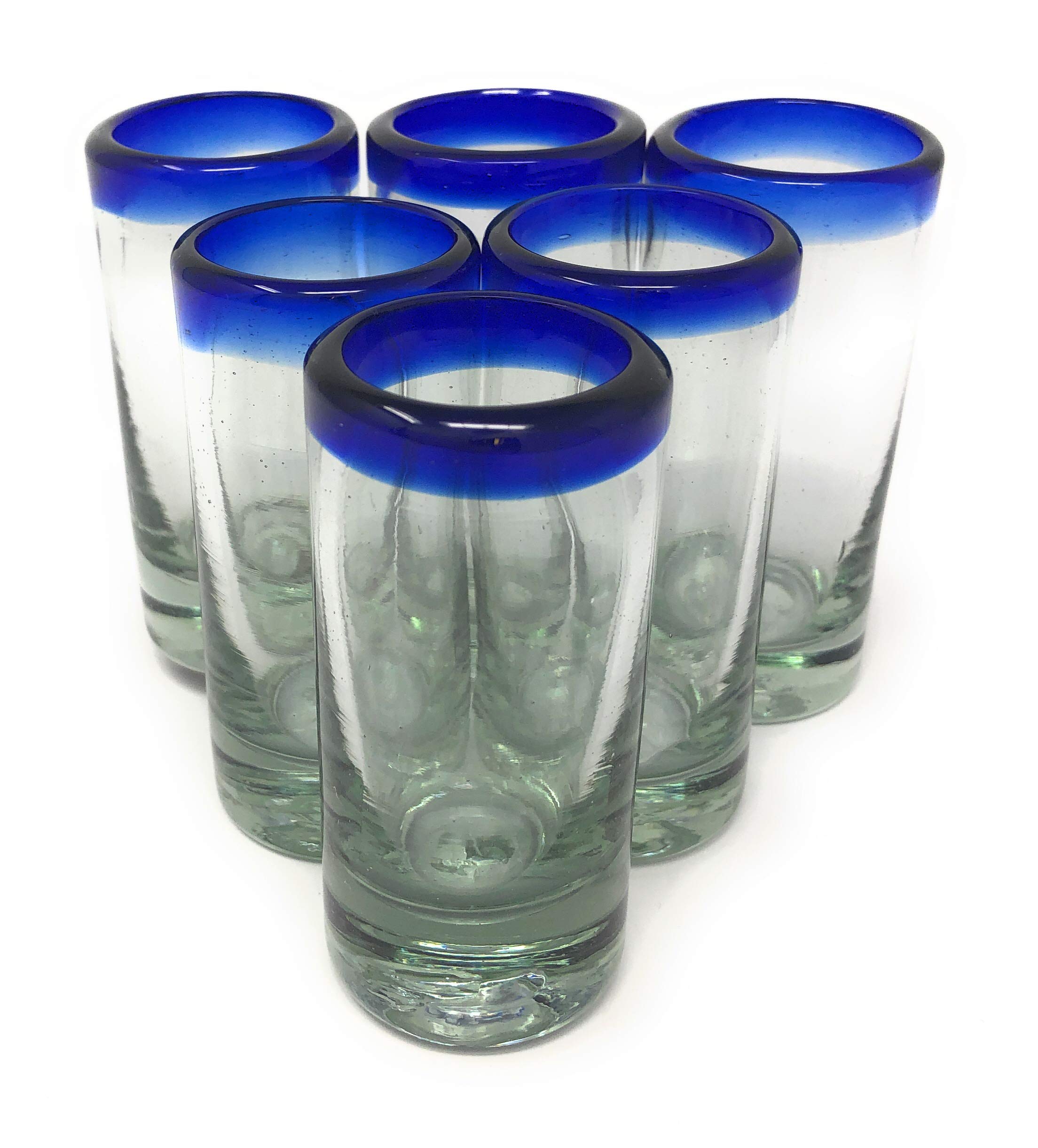 Hand Blown Mexican Tequila Shot Glasses – Set of 6 Cobalt Blue Rim Tequila Shot Glasses (2 oz each)