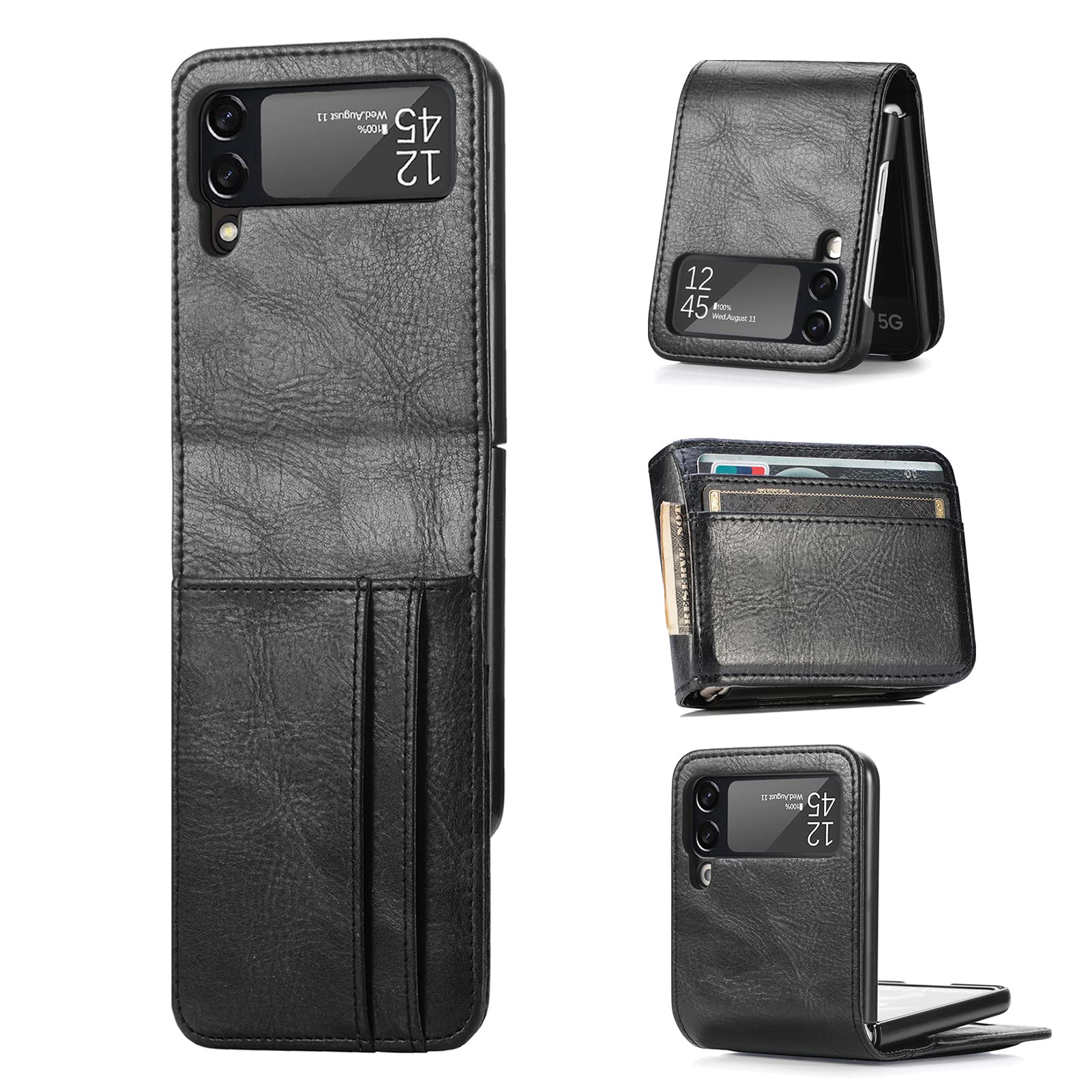 Ephoou Wallet Case for Samsung Galaxy Z Flip 3 5G with Card Holder, Premium PU Leather Phone Cover Case for Samsung Galaxy Z Flip 3 Business Black