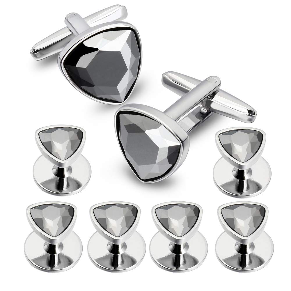 Grey Swarovski Crystal Cufflinks and Studs Set for Men Formal Business Wedding Tuxedo Shirts French Shirts
