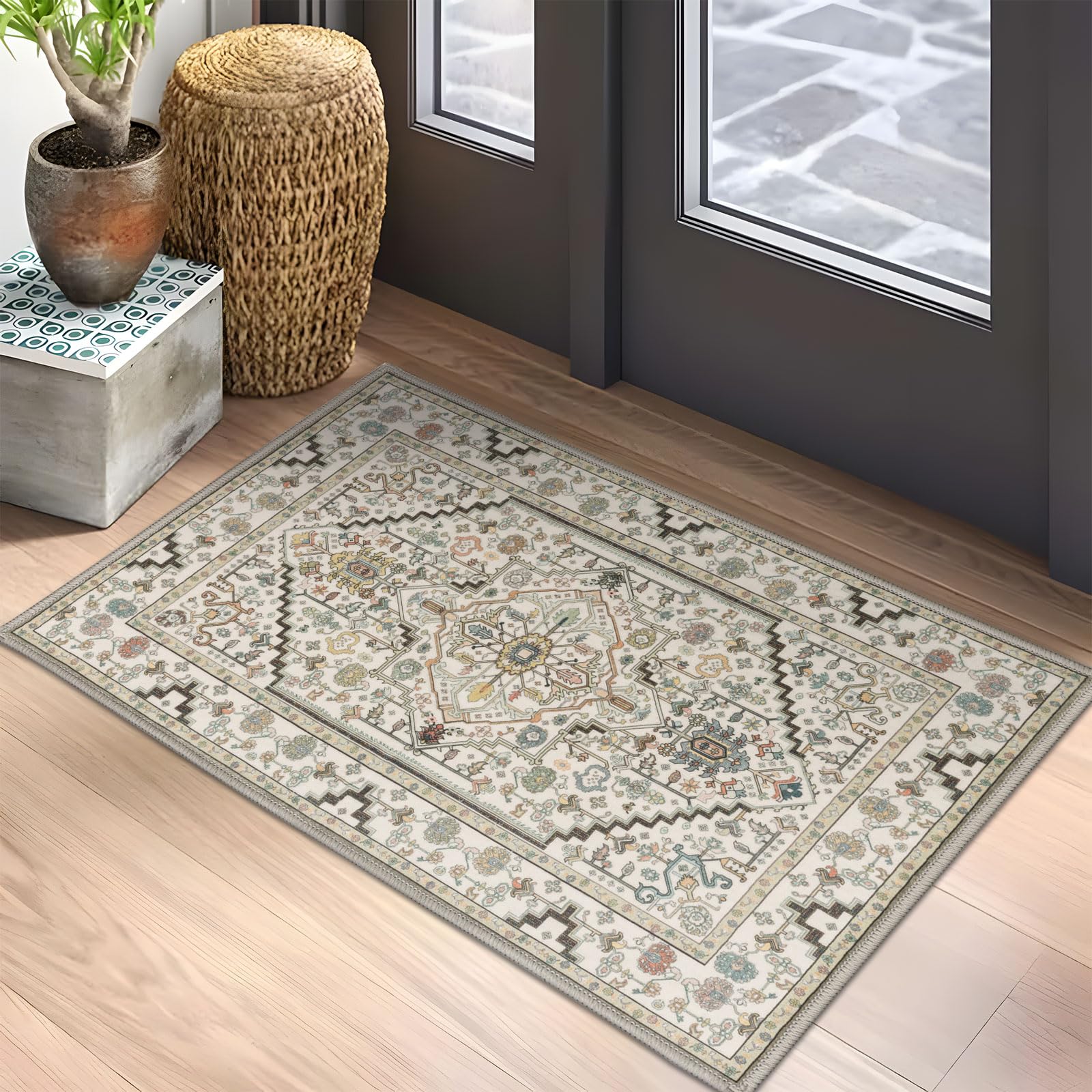 Rineflo-2'x3' Washable Indoor Doormat, Non-Slip Retro Door Mat ，Boho Mat Low-Pile Entryway Rug，Suitable for Bedroom, Study, Bathroom Entrance Carpet (Beige Green, 2'x3')