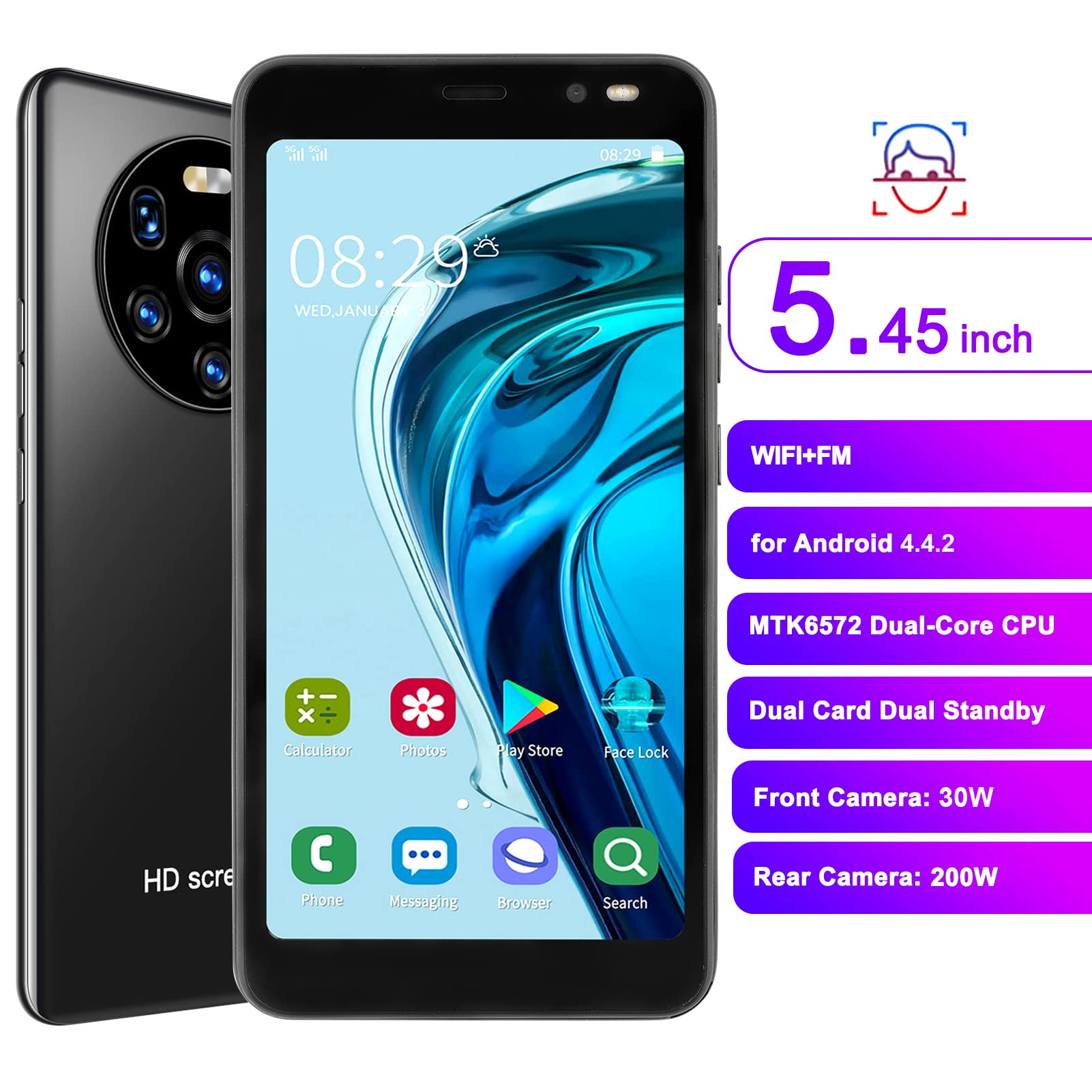 Garsentx Mate40 Pro Unlocked Smartphone, 5.45in HD Full Screen Cell Phones with Dual-Core CPU Dual SIM Card Front Rear Dual Cameras Support Face Recognition 128GB Expandable Storage(512MB+4GB)