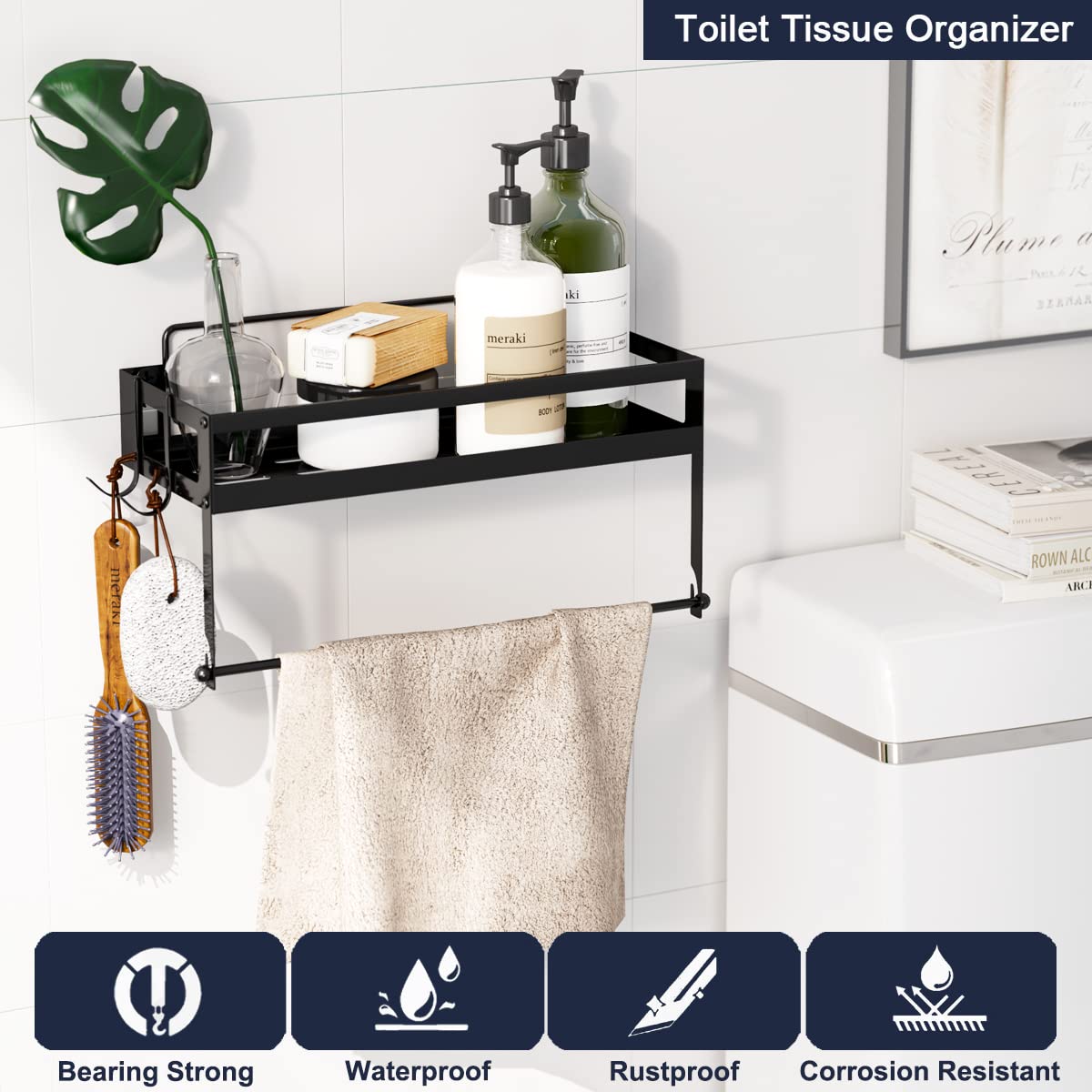 ESOW Paper Towel Holder with Shelf Storage, 2-in-1 Wall Mounted Paper Towel Roll Rack Basket for Kitchen, Balcony & Bathroom, Self-Adhesive or Drilling Installation, SUS304 Matte Black Finish