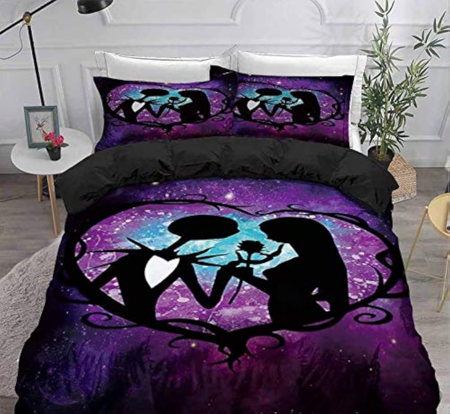 Vanson Lightweight Nightmare Before Christmas Microfiber Bedding Duvet Cover Set 3 Pieces, Jack and Sally Valentine Lover Rose Printing Pattern(no Comforter) Queen Size
