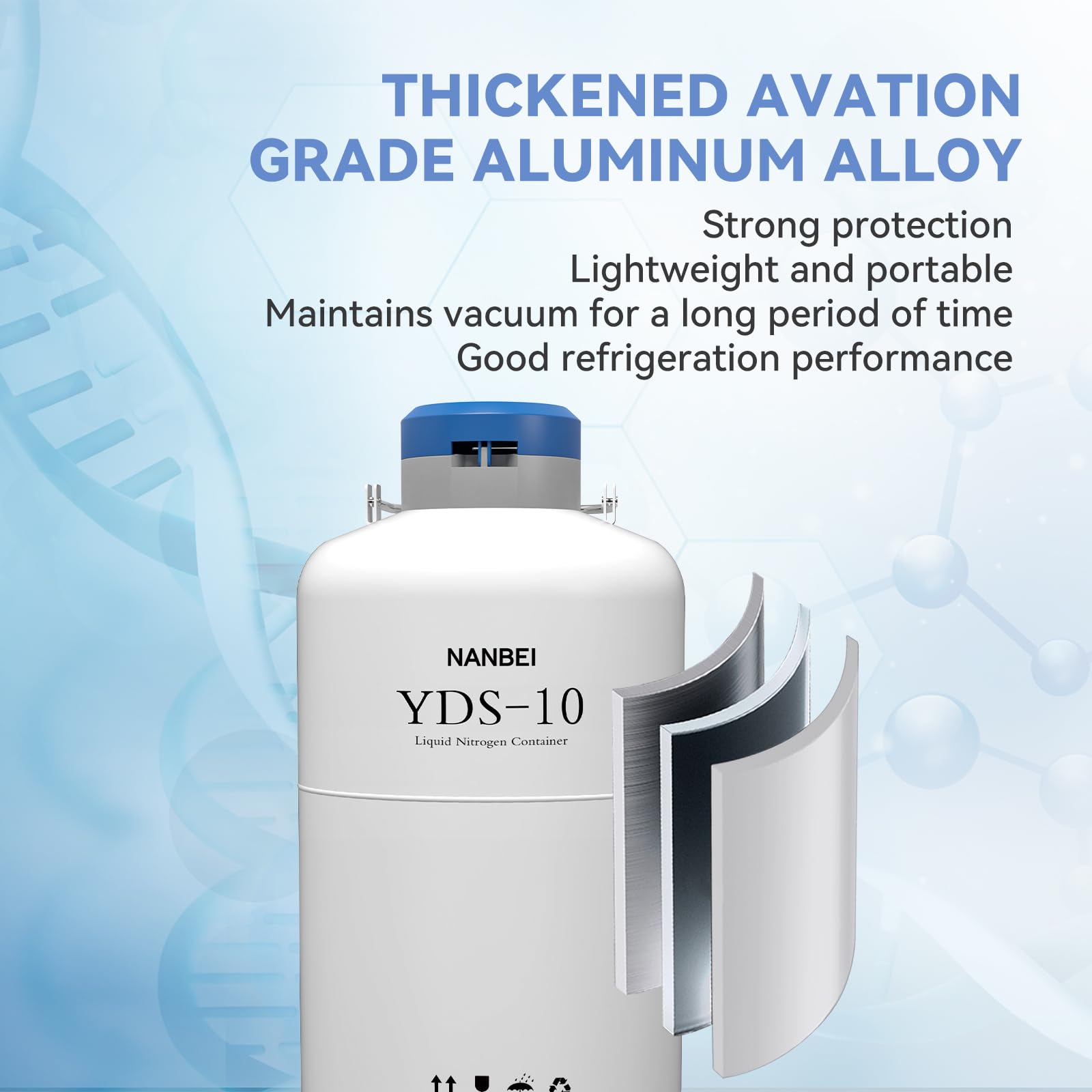 NANBEI 10L Liquid Nitrogen Tank Cryogenic Container Aluminum Alloy Liquid Nitrogen Dewar Static Cryogenic,Liquid nitrogen dewar with Straps,for Beauty Industry, Semen Preservation, Scientific