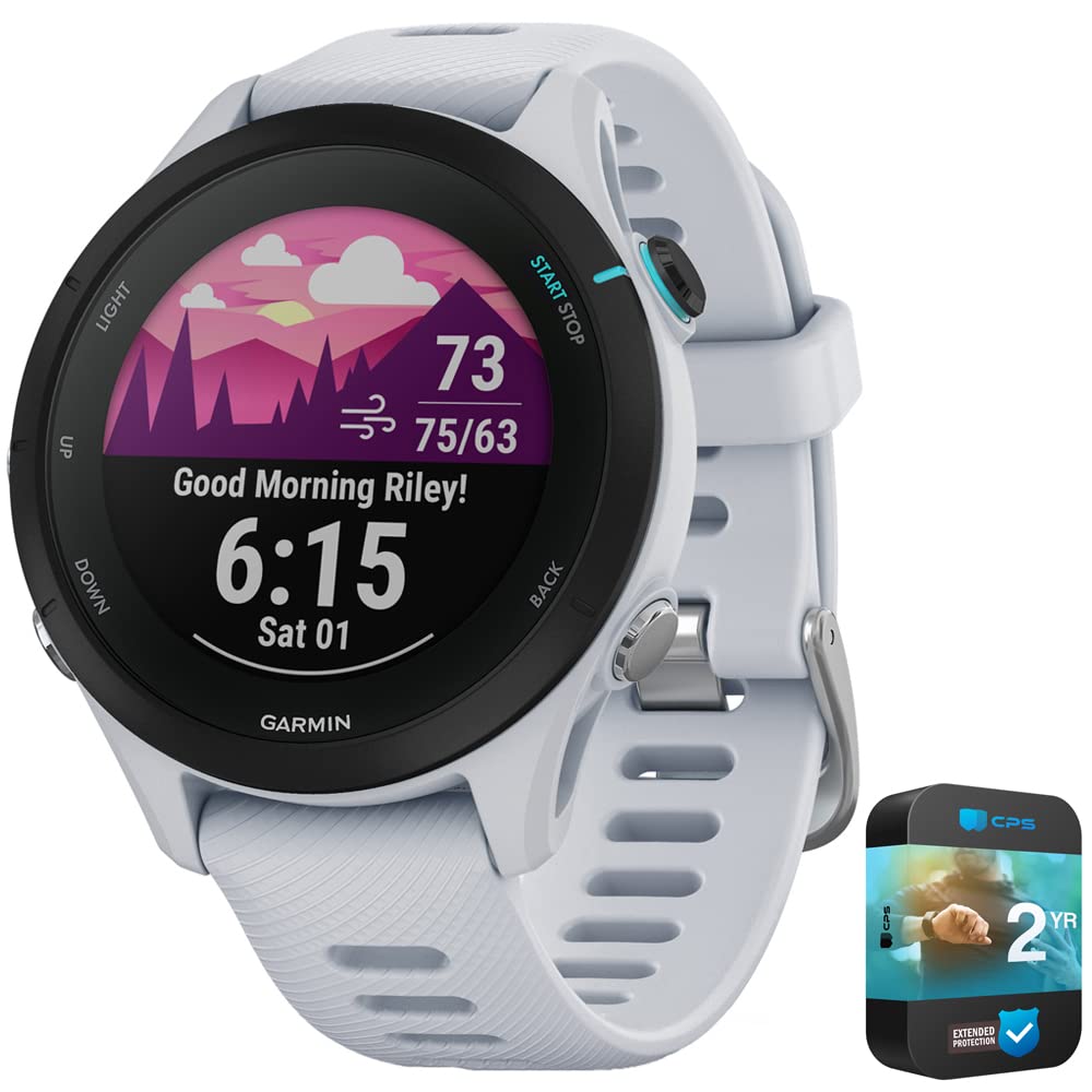 Garmin 010-02641-21 Forerunner 255 Music GPS Smartwatch Whitestone Bundle with 2 YR CPS Enhanced Protection Pack