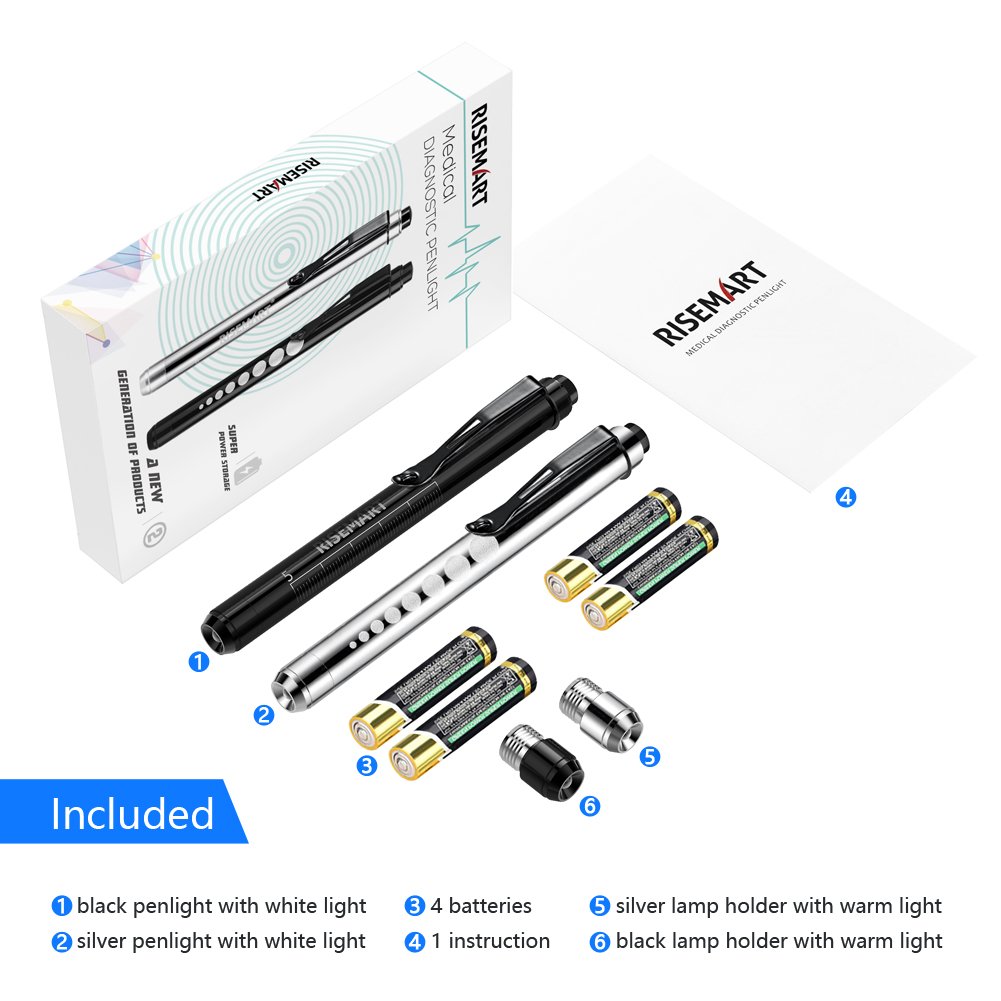 RISEMART Pen Light, Nurse Led Medical Penlight with Pupil Gauge for Nursing Students Doctors Black and Silver with Batteries
