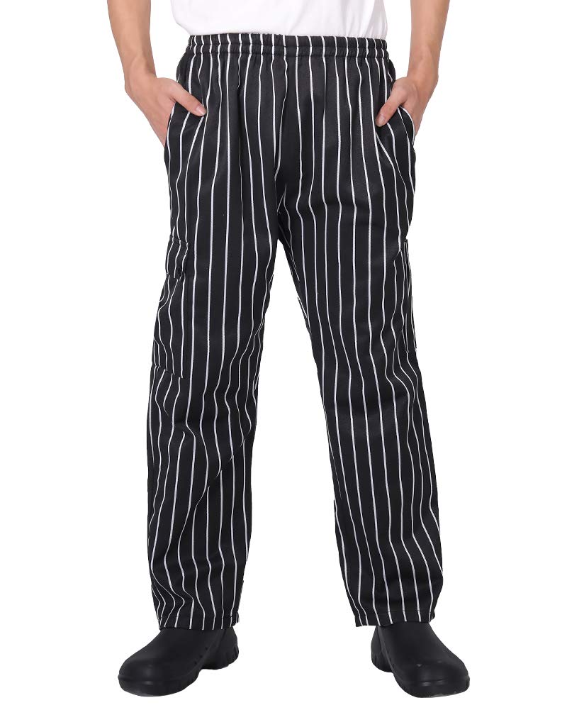 Men's and Women's Baggy Chef Pants Black and White Stripes Cargo Style Cook Pant Black S