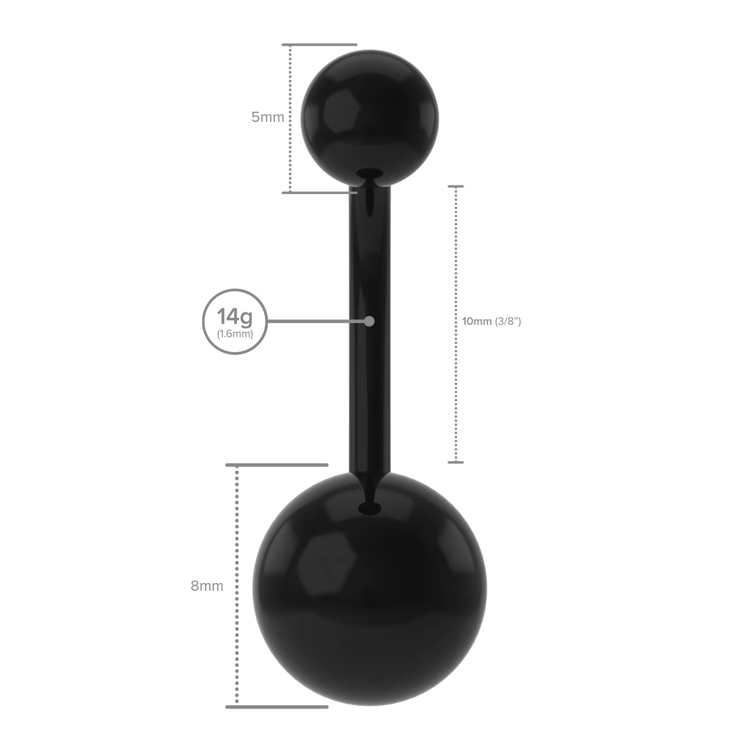 Evonix 2pc 14g Acrylic Belly Ring Black Color 10mm Bar Plastic Navel Rings 8mm & 5mm Balls Button Piercing Jewelry