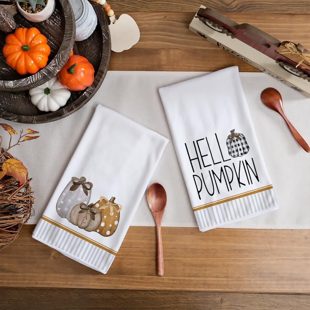 GEEORY Fall Kitchen Dish Towels Set of 2 for Fall Decor,Hello Pumpkin Beige Plaid Bowknot Orange Printed Pumpkin 18x26 Inch Drying Dishcloth,Farmhouse Home Decoration GD107