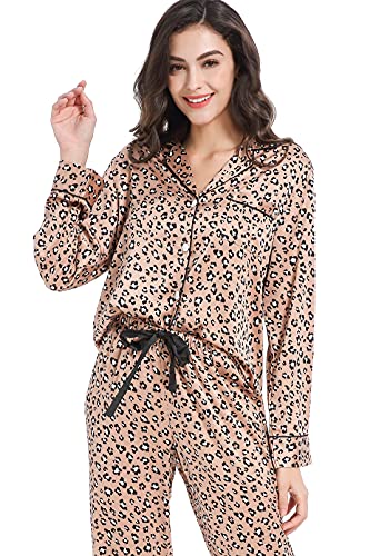 Serenedelicacy Women's Satin Pajama Set 2-Piece Sleepwear Loungewear Long Sleeve Button Down Silky PJ Set (Medium, Tan/Black/Ivory, Leopard)