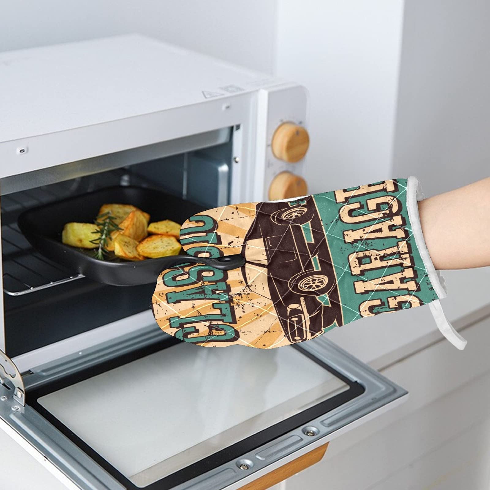 FCZ Oven Mitts and Pot Holders Kitchen Gloves Non Slip Oven Mitts and Hot Pads BBQ Gloves Oven Mitts and Hot Pads for Kitchen Cooking Baking Grilling Vintage Classic Race Car Green