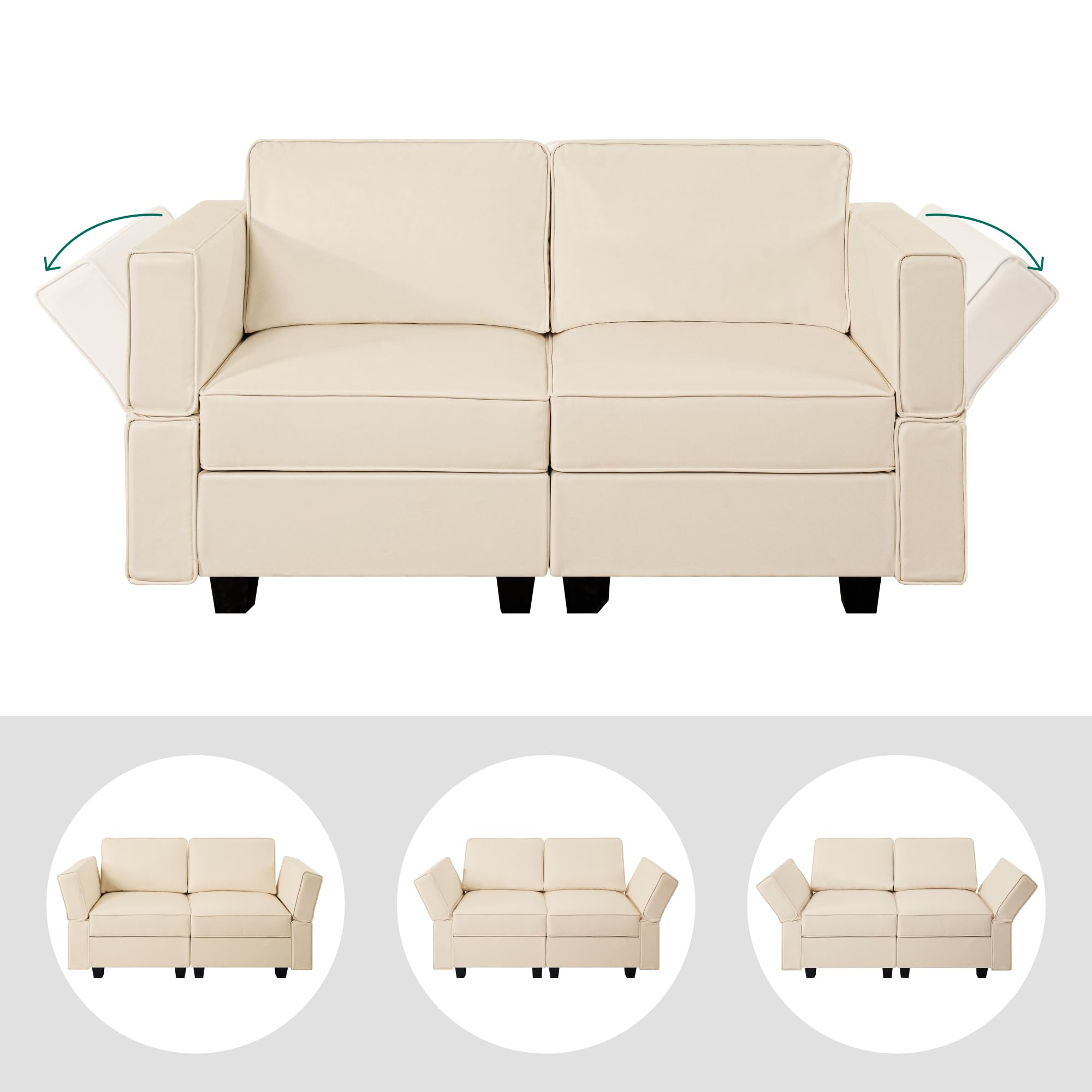 Naomi Home Sarah Modular Loveseat Sofa Couch with Storage Seats Air Leather 2 Seater Love Seats for Small Spaces, White