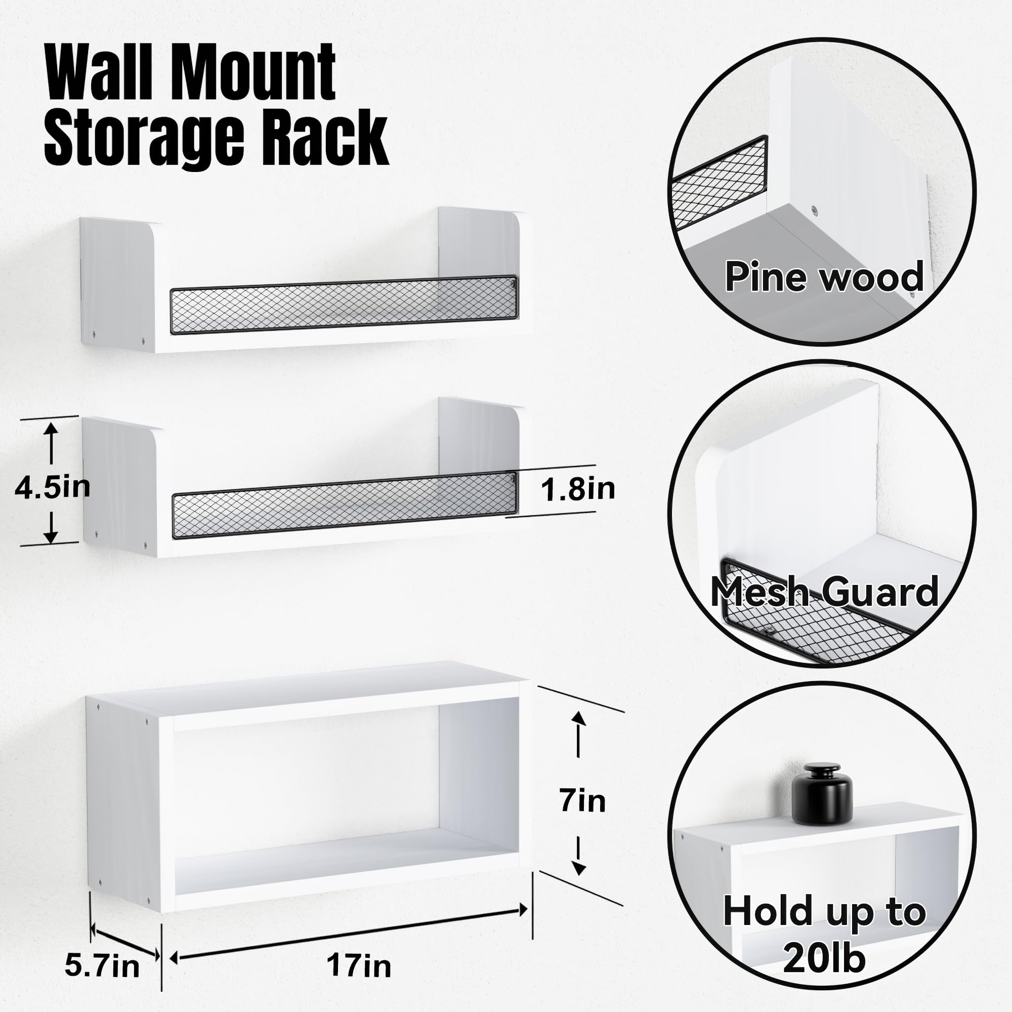 Dr.Wall White Floating Shelves with Wire Mesh Guardrail, Bathroom Shelves Over Toilet, Farmhouse Wood Wall Shelf, Wall Mount Bathroom Organizer, Bathroom Storage Shelves for Wall Décor - Modern White