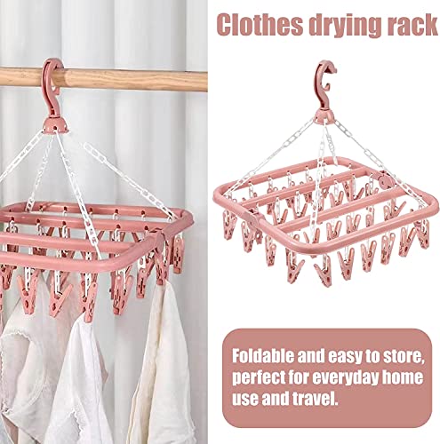 MENFENG Clothes Drying Hanger and Drip Foldable Hanging Sock Rack(32 Clips ) Multifunction Clothes Drying Rack,Rotary Wind-Sock Hanger for Washing line,for Socks, Underwear, Bras, Baby Clothes (Pink)