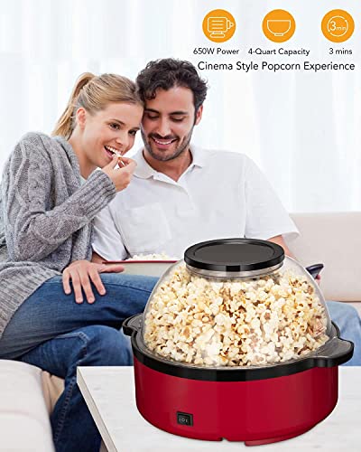 Popcorn Machine Electric Hot Oil Popper, 2-in-1 Automatic Stirring Hot Oil Popcorn Popper Maker & Grill Machine, Large Lid for Serving Bowl, 2 Measuring Spoons, 16-Cup for Home Party