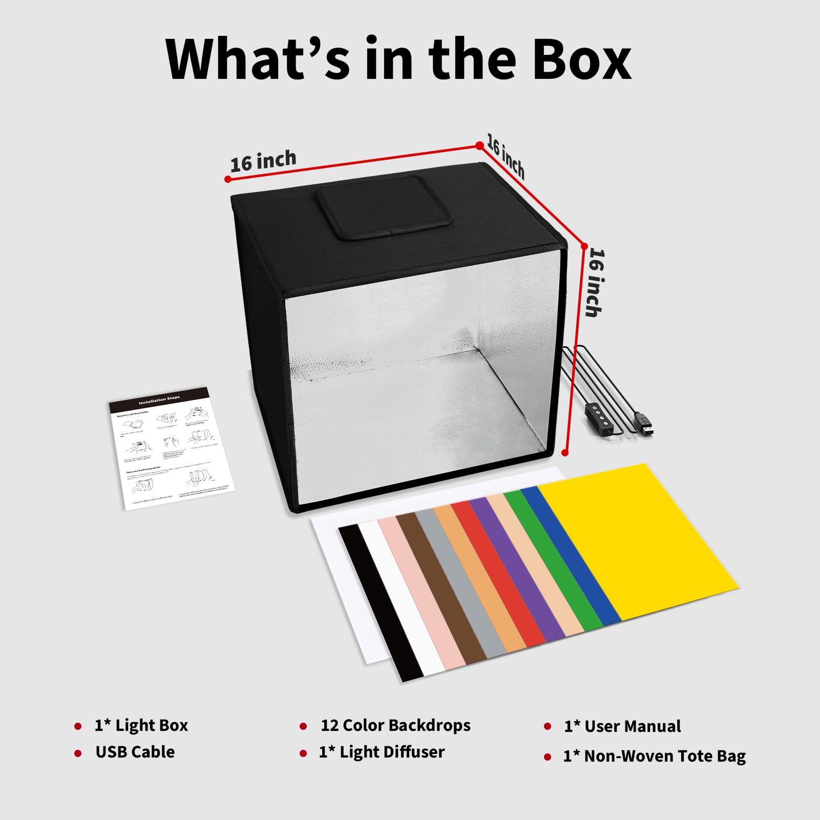 Glendan Light Box Photography, 16"x16" Portable Photo Light Box with 112 LED Lights & 6 Kinds of Double-Sided Color Backdrops and Adjustable White Light, Soft Light, Warm Light for Product Photography