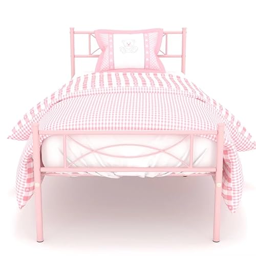 Pink Twin Bed Frame for Girls, Bed Mattress Foundation Support with Headboard and Footboard No Box Spring Need Metal Platform Bed