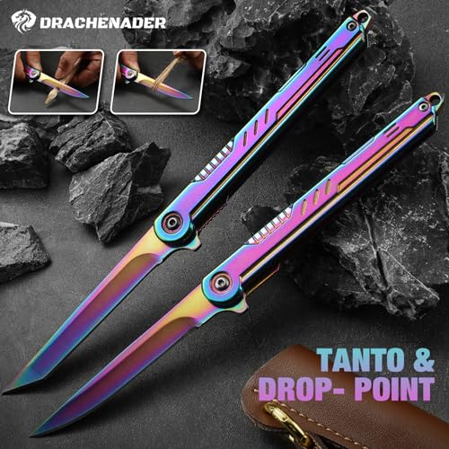 DRACHENADER Tanto Folding Knife for Women and Men, Rainbow Color Slim Gentleman's Tanto Balde Pocket Knife Small Mini Edc Knife for Keychain