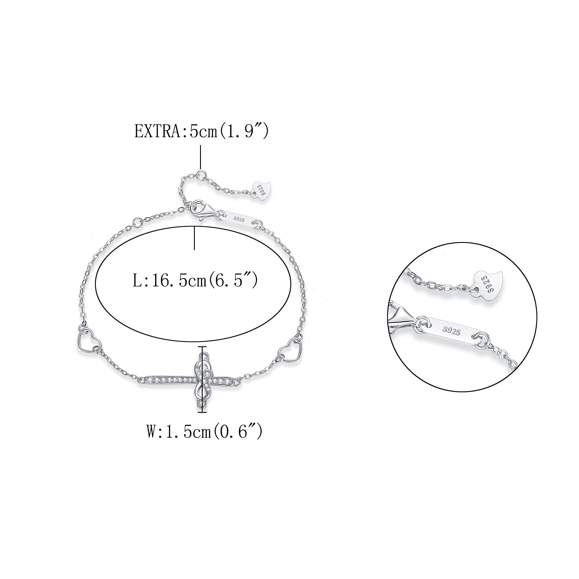 FANZE Cross Bracelet for Women 925 Sterling Silver Cubic Zirconia Good Lucky Infinity Love Heart Adjustable Link Bracelet Gift for Mother Firend