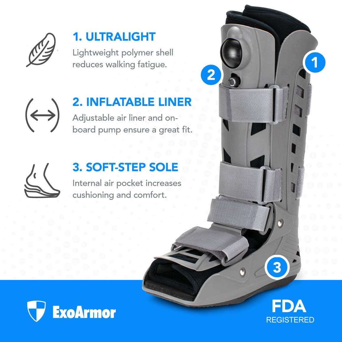 ExoArmor Walking Boot - Ultralight with in-Sole Air Pillow, Super Grip Tread and Inflatable Liner. Tall Rise (Small)