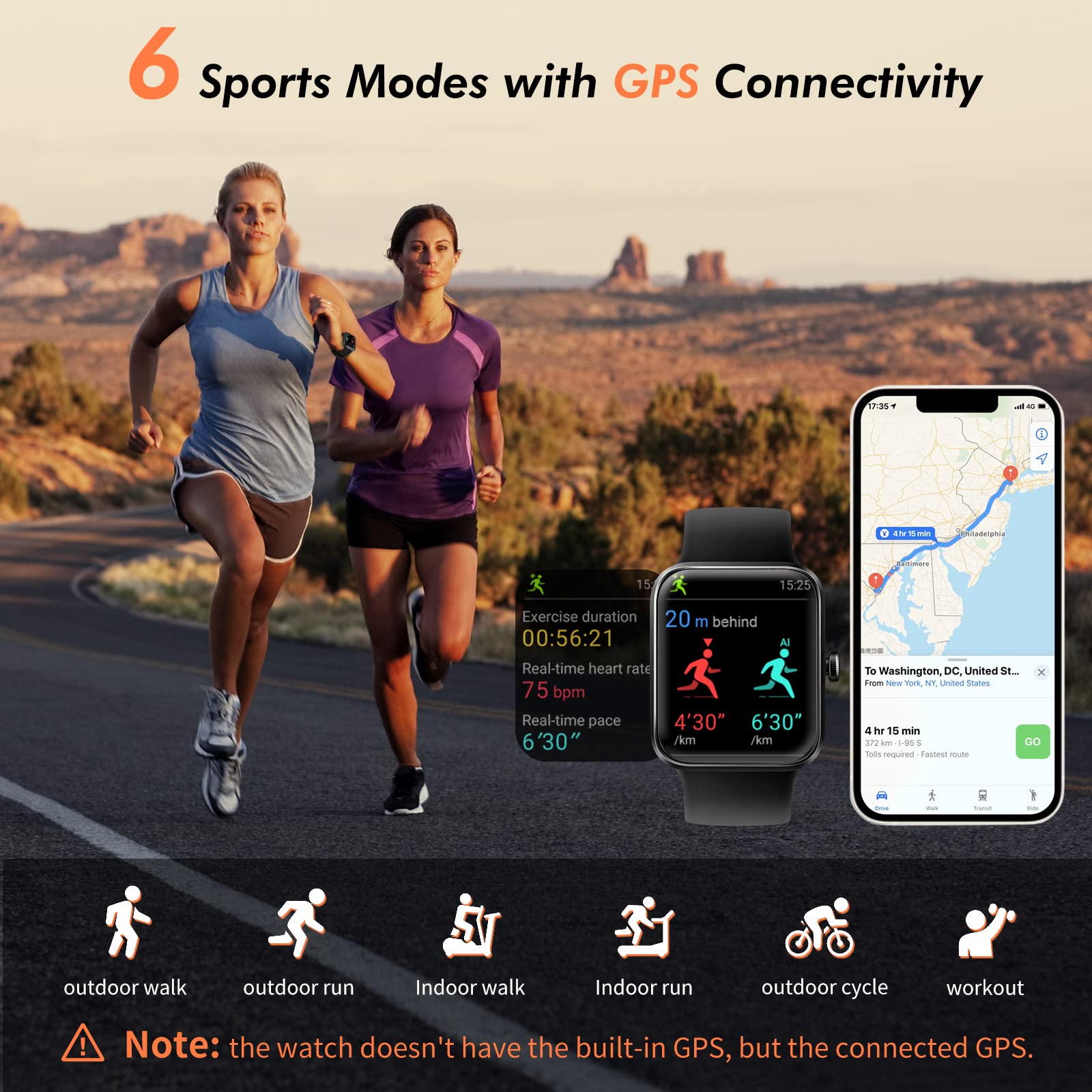 Hpory Smart Watch for Women and Men - Fitness & Activity Tracker Smartwatch for iOS or Android - Water Resistant Bluetooth Touch Screen Sports Watch(Black,1.5inch,2 Charging Cable)