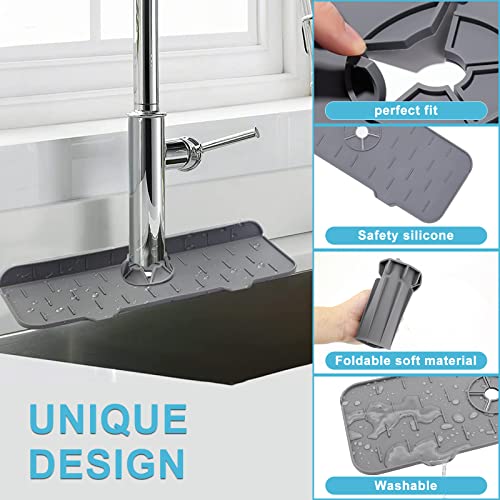Kitchen Sink Splash Guard,Upgraded Kitchen Guard Silicone Faucet Water Catcher Mat,Silicone Faucet Handle Drip Catcher Tray,Keep Kitchen, Bathroom Sinks Dry (Grey)