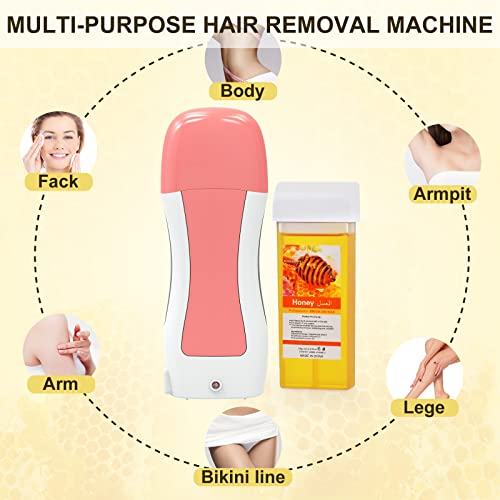 Roll On Wax Kit for Hair Removal, Honey Wax Roller Waxing Kit for Sensitive Skin at Home, Depilatory Soft Wax Warmer with 2 Cartridge Refill 10 Wax-removing wipes and 100pcs Wax Strips(Pink)
