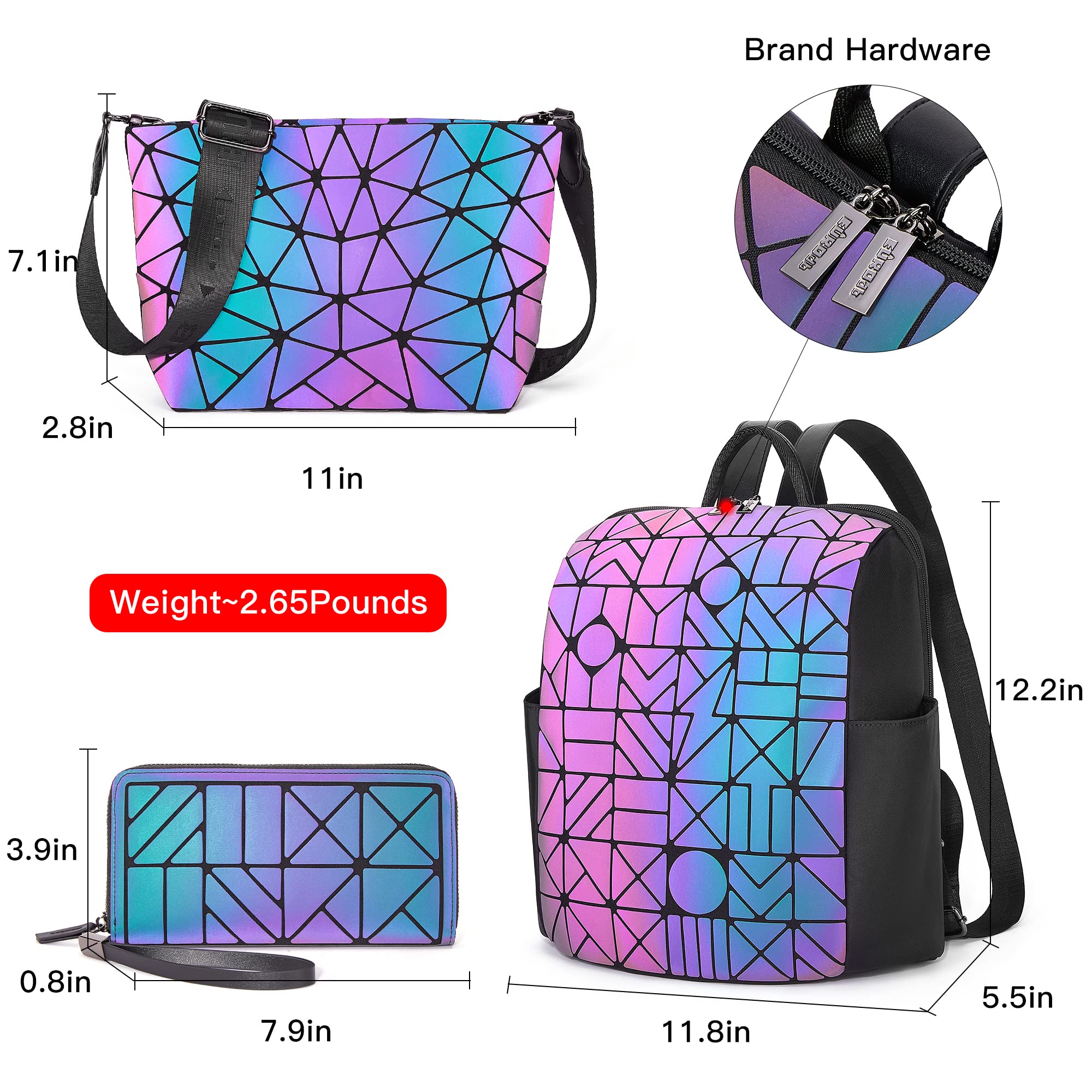 Geometric luminous crossbody bag glow-in-the-dark handbag Holographic reflective backpack purse clutch bag (Wallet + Crossbody Bag + Backpack)
