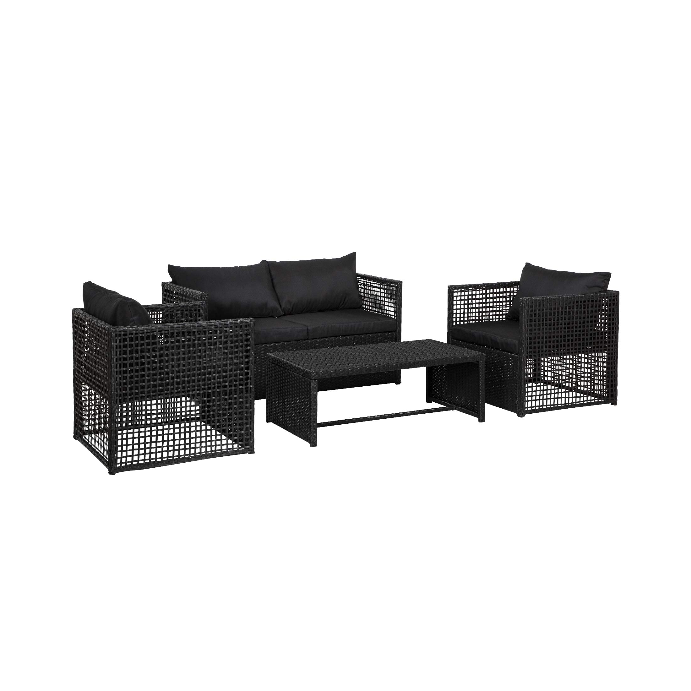 WO Outdoor Wicker Rattan Furniture 4 PCS Set Black Woven Table Chairs Set w Cushions & Back Support Pillows Coffee Table Seats 4 Black