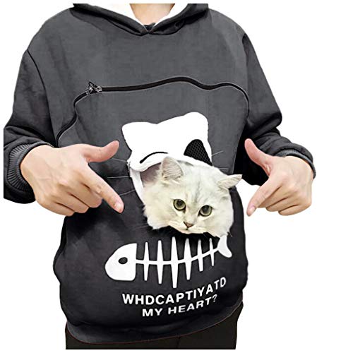 Women's Men's Pet Carrier Hoodie Kitten Puppy Holder Animal Pouch Sweatshirt Top Carry Cat Breathable Pullover Blouse Dark Gray