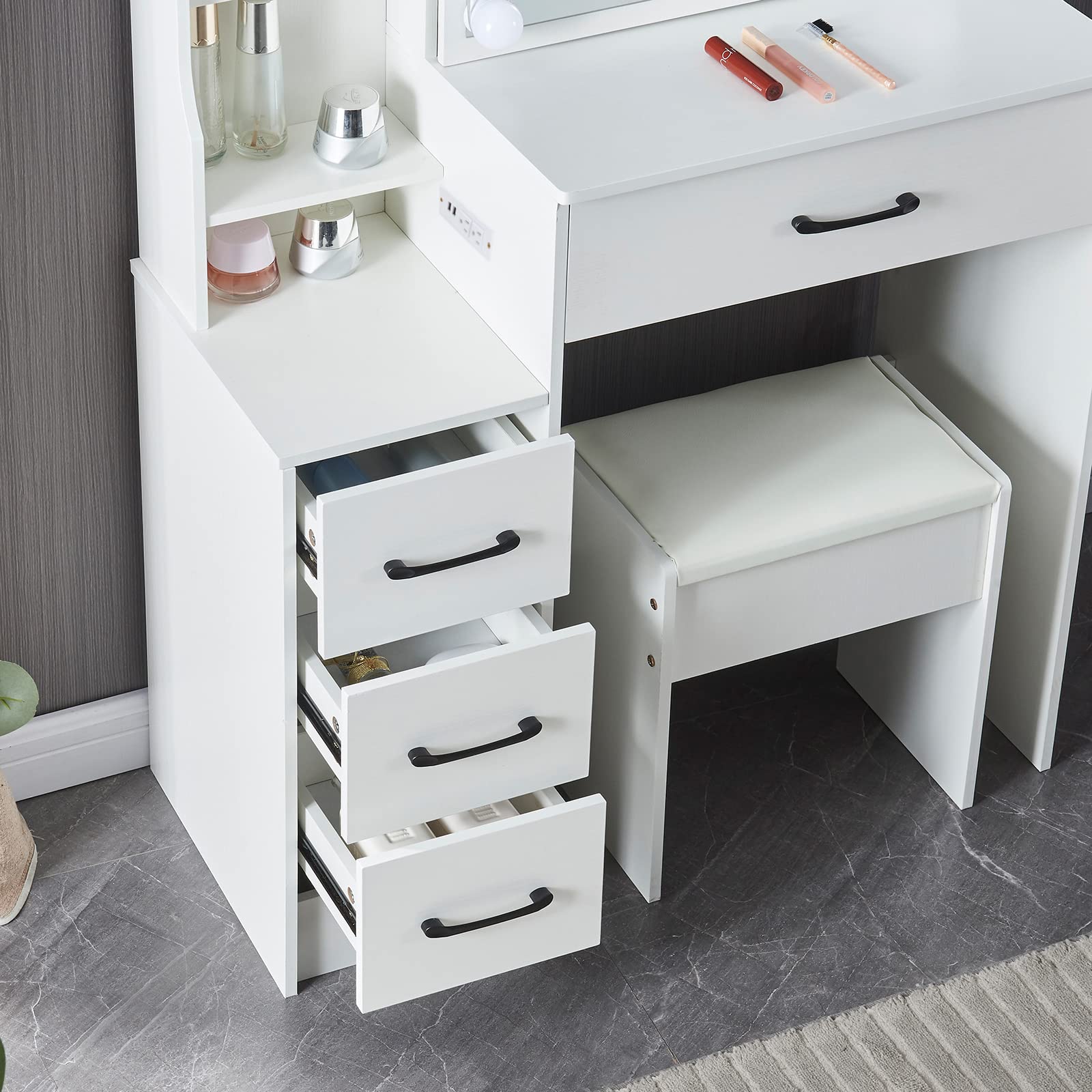 Dradaomull Makeup Vanity with Lights, Modern Vanity Desk with Chair, 4 Large Drawers Dresser with Sliding Mirror, 3 Lighting Modes and Brightness Adjustable for Bedroom White