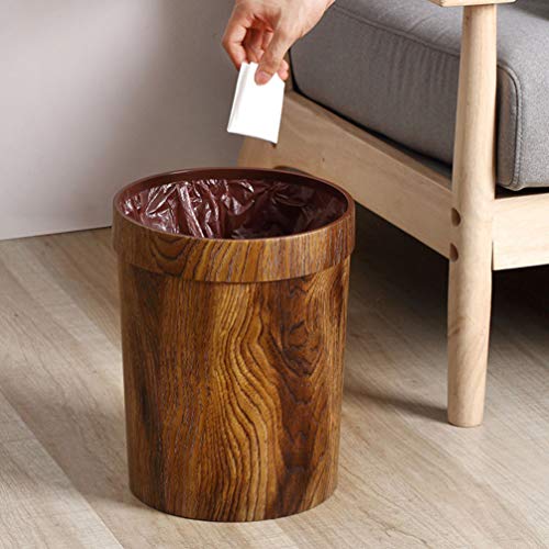 NOLITOY Decorative Storage Bins Small Trash Can Rustic Waste Basket Wood Grain Trash Bin Bathroom Garbage Can Simulated Wooden Wastebasket Flower Holder for Home Kitchen L Metal Bucket