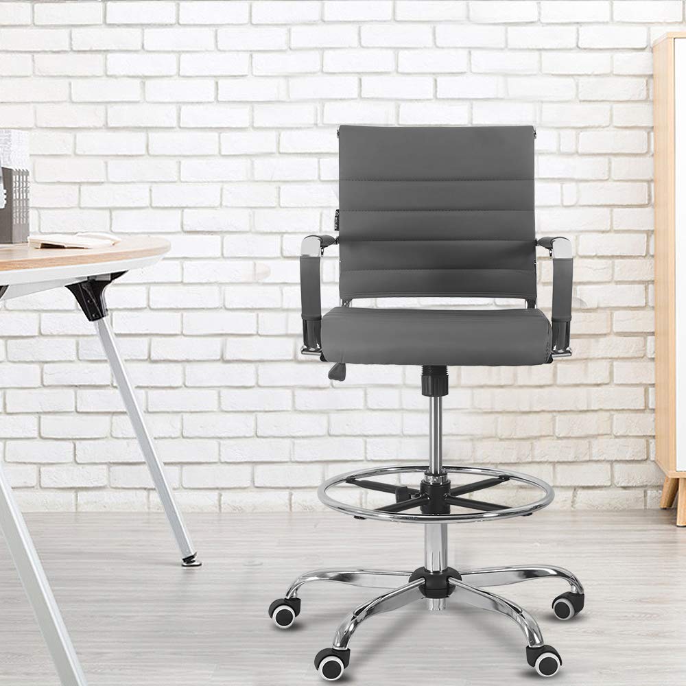 Drafting Chair Stool with Footring,Computer Chair with Arm PU Wrap,Footrest Height Adjustable,Padded Tall Ribbed,Back Support ,Swivel Rolling,Footrest,Office Chair Swivel Computer Task Chair (Grey)